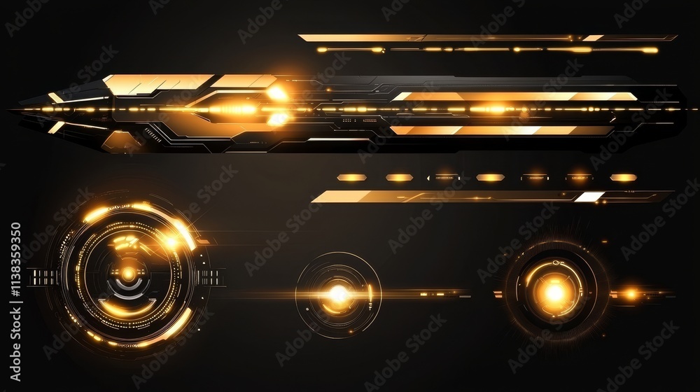 A golden interface set with game buttons and UI/GUI elements. This modern collection features a ...