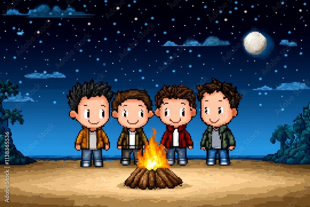 A pixel art representation of a family gathered around a campfire under ...