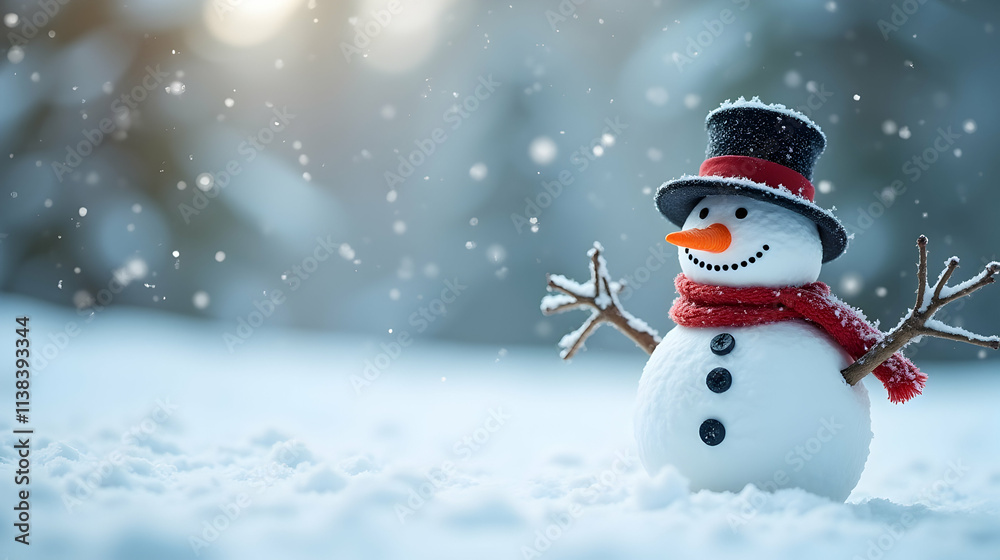 Charming snowman in a snowy landscape, wearing a top hat and red scarf ...