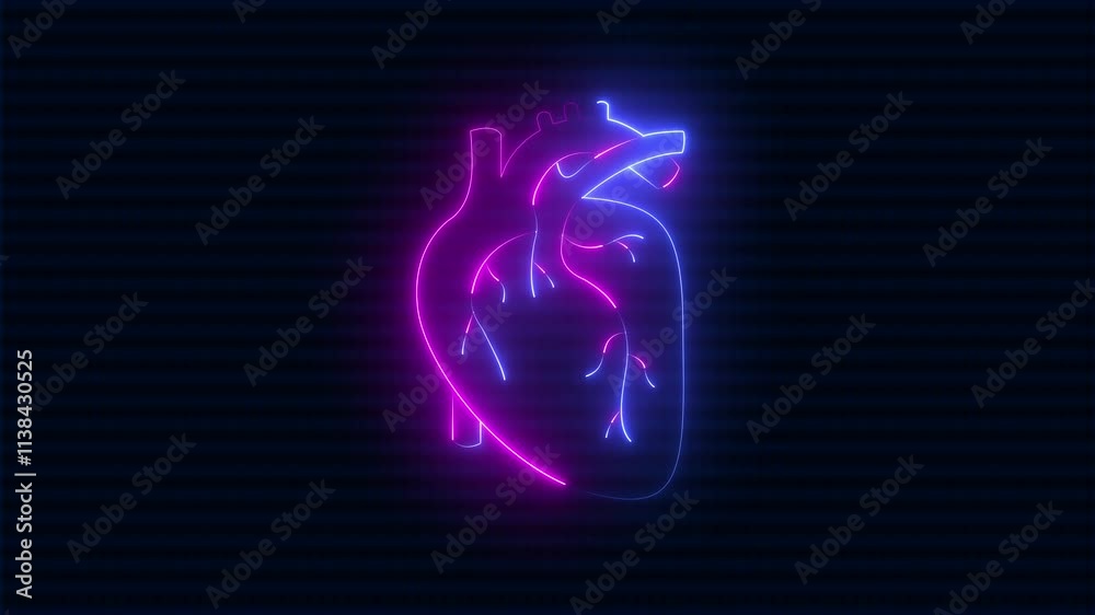 Neon human heart animation. Animation of a beating glowing human heart ...