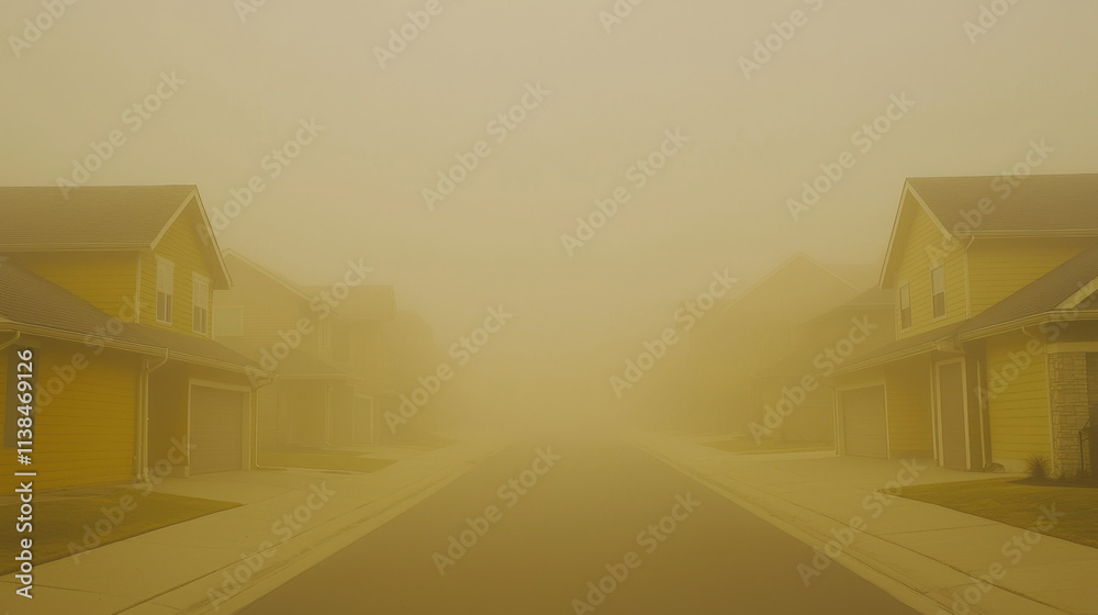 Particulate matter, air quality home concept. Suburban cul de sac ...