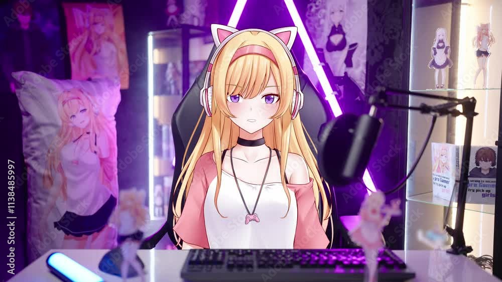 Cute 2D anime gamer girl vtuber streamer interacting from geeky merch ...