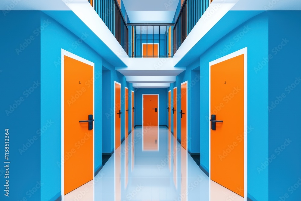 Symmetrical prison block with orange doors and clean blue walls ...