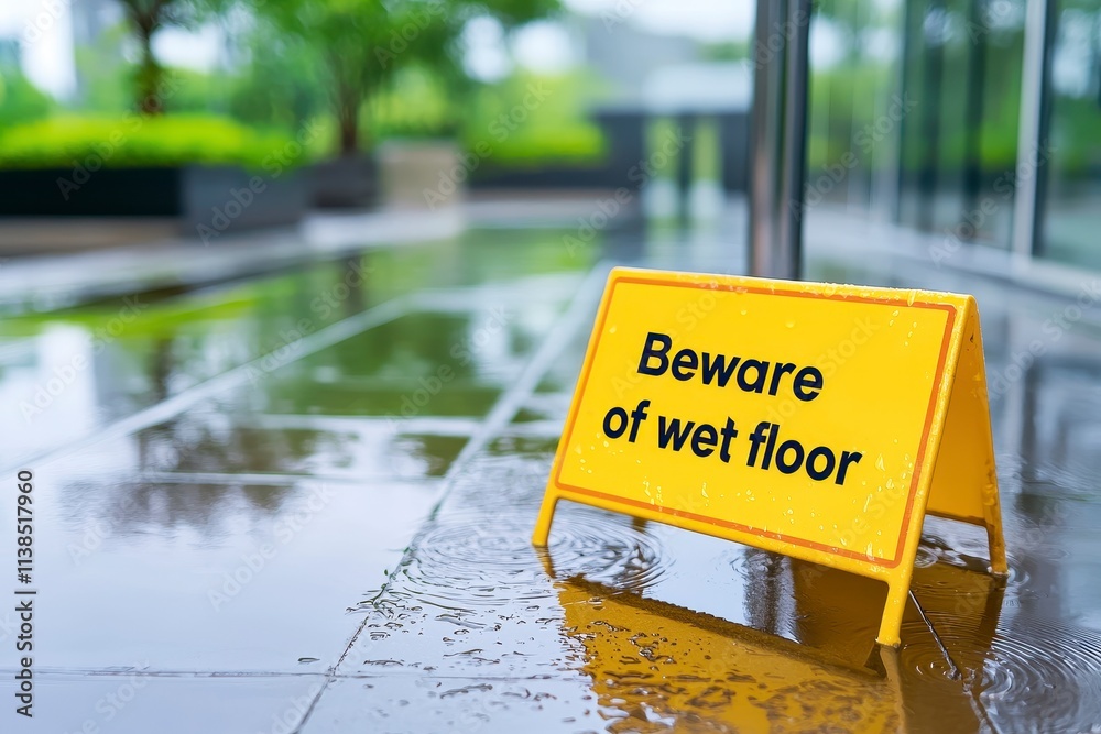 Caution sign for wet floor modern building entrance safety notice urban ...