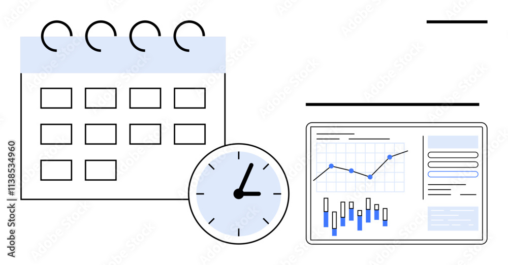 Calendar with dates, clock showing time, analytics dashboard with ...