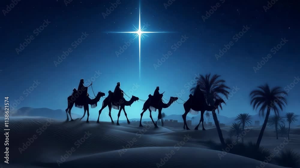 Three wise men ride camels through a desert at night, following a ...