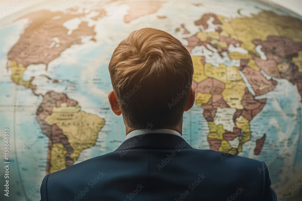 man in a suit is looking at a globe. The globe is large and has many ...