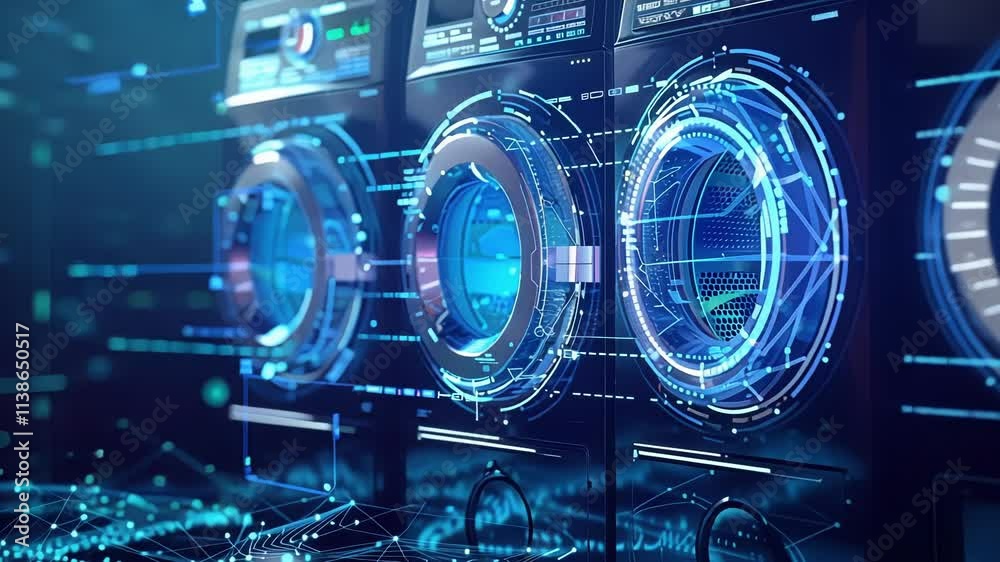 Futuristic washing machines with digital displays and holographic ...