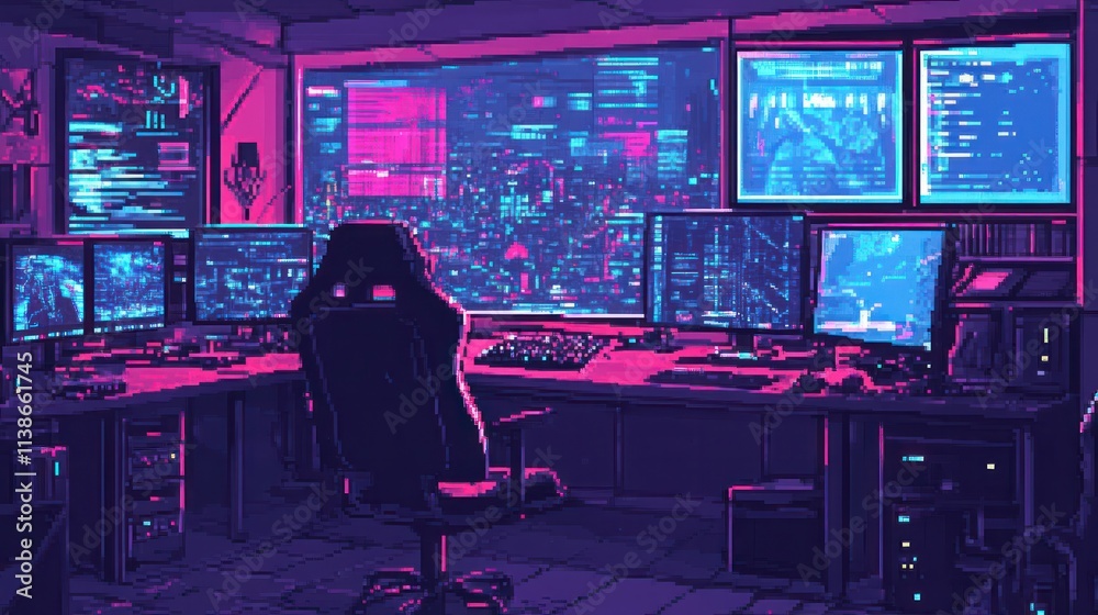 Pixel art futuristic gaming room with neon lights, ergonomic chair, and ...