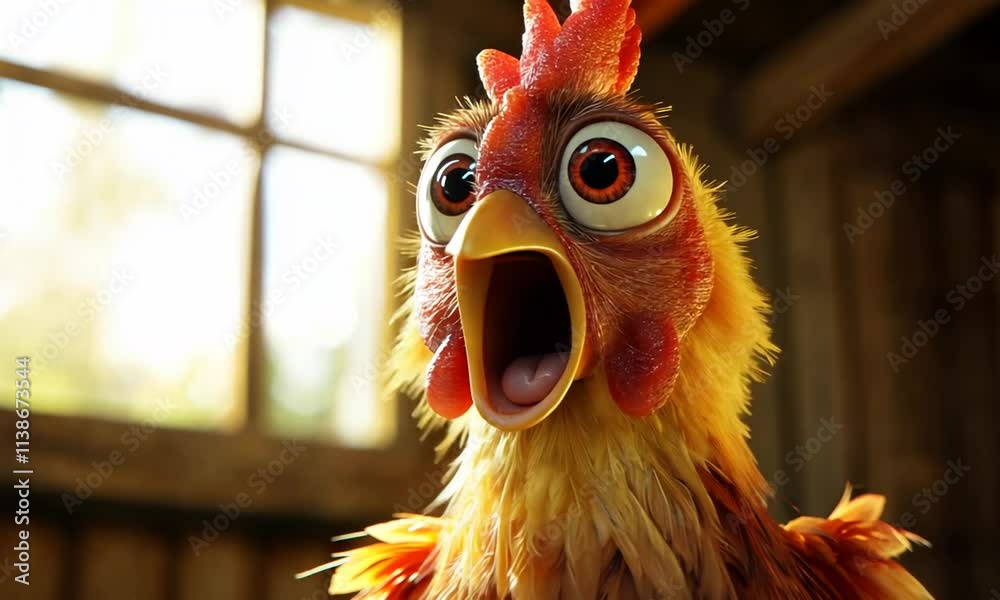 A shocked animated chicken character with large eyes and vibrant ...
