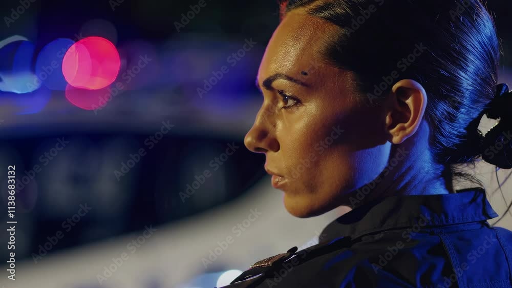 Female police officer in night crime scene. Young woman. Police cars ...