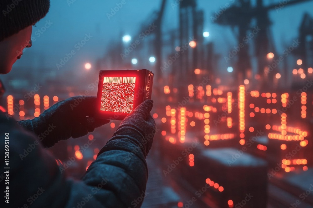 A factory worker scanning a barcode on a package for inventory tracking ...