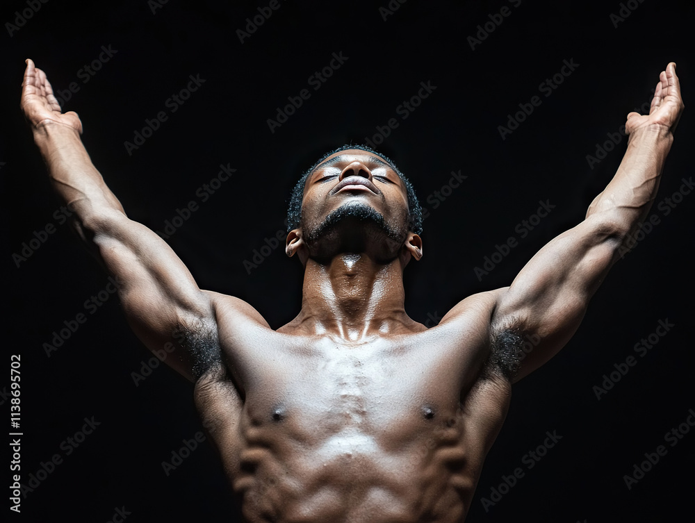 muscular man with arms raised in powerful pose, expressing strength and ...
