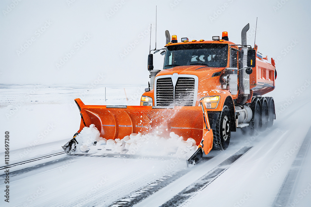 Snow plow clears road during winter storm in rural area with heavy ...