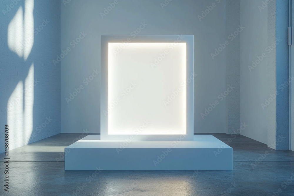 A minimalist art installation featuring a glowing white square frame on ...