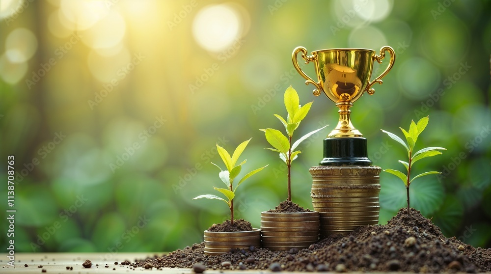 Golden trophy on the podium with green plants growing around it ...