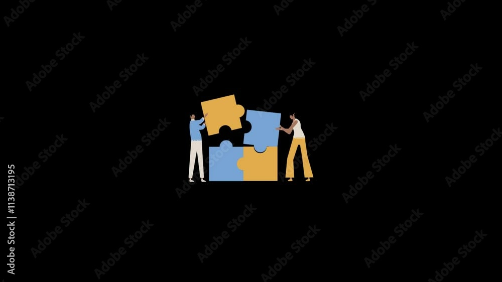 Teamwork, Puzzle, business solution, team working. Outline 2d, micro ...