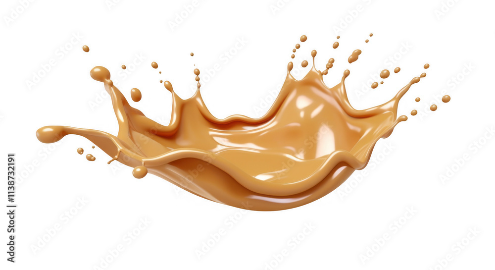 Dynamic caramel splash and droplets in liquid form against a clear ...