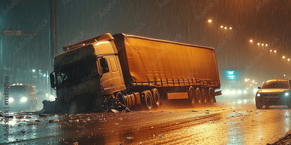 Semi-trailer truck crash on a wet freeway at night, with scattered ...