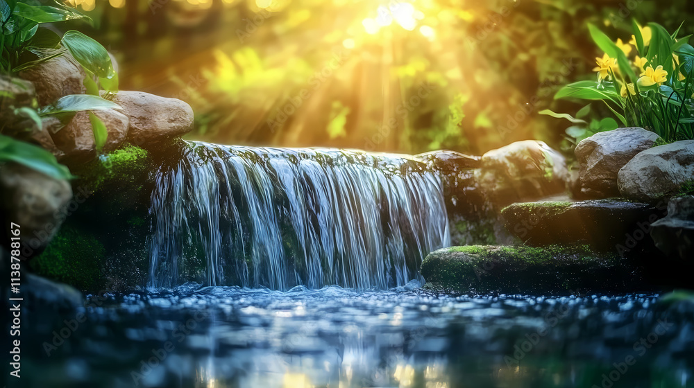 Mystical waterfall cascading through an ancient cavernous landscape ...