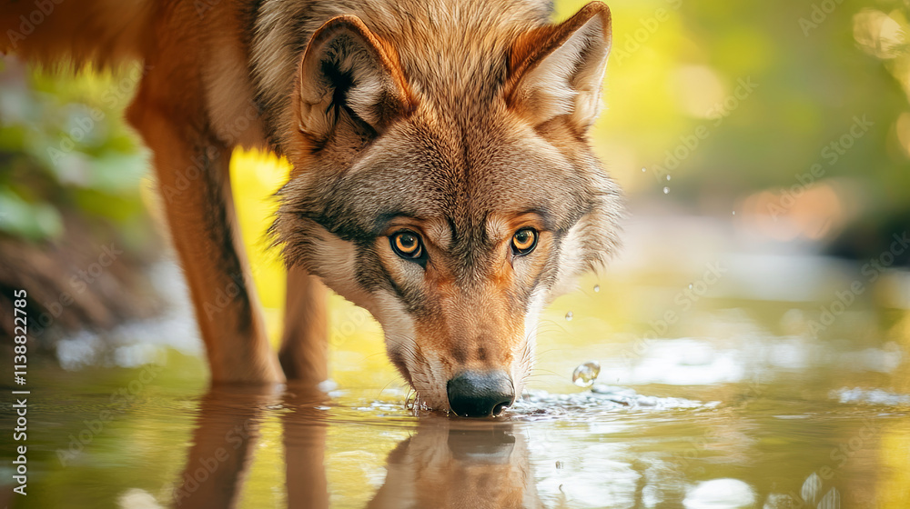 Eurasian wolf sipping water from a forest stream, casting reflections ...