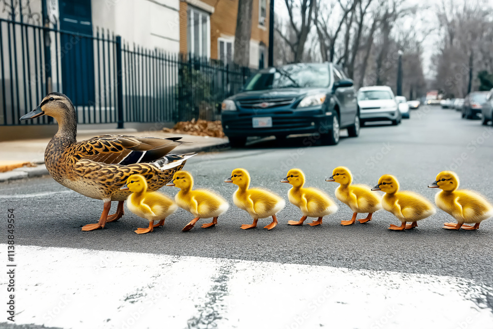 Mother duck leading her ducklings across an urban city street ...