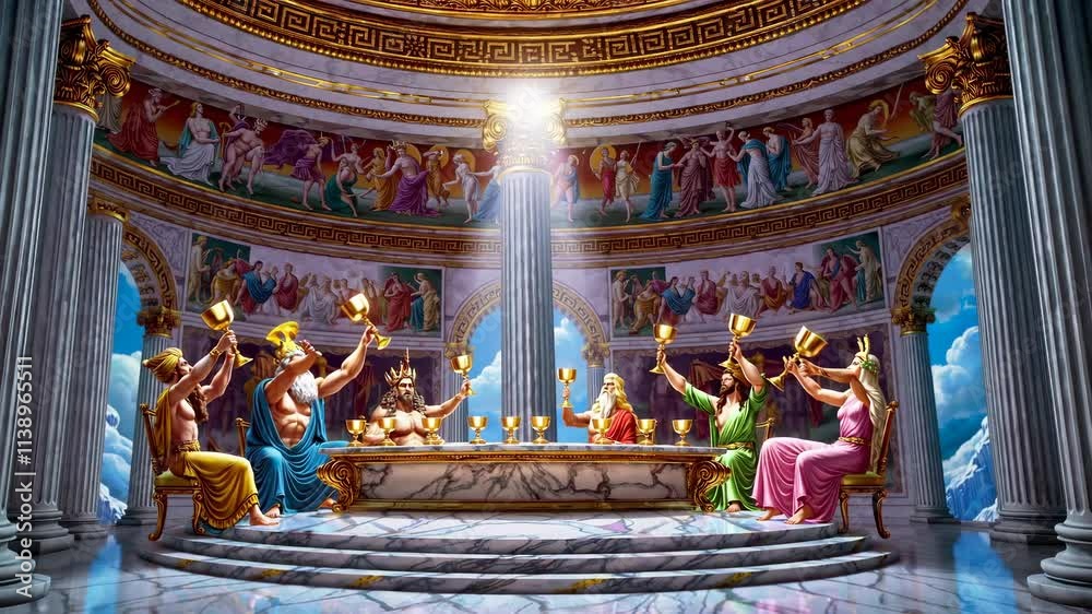 Greek gods gathered around a grand table in a majestic Olympus setting ...
