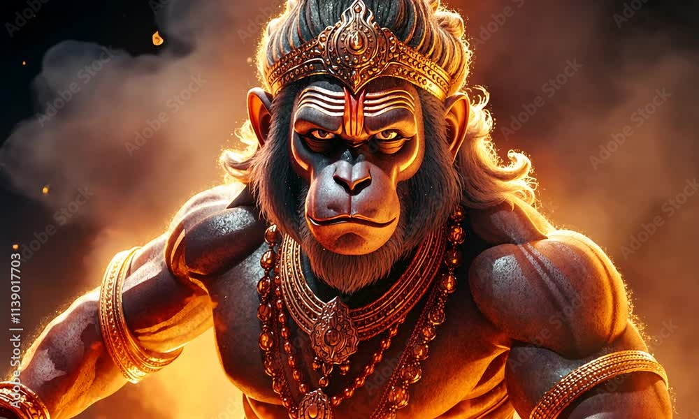 Lord Hanuman Fierce Look with Glowing Eyes, Cosmic Orange and Black ...