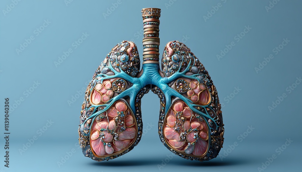 A medical illustration of lungs with detailed anatomy and the ...