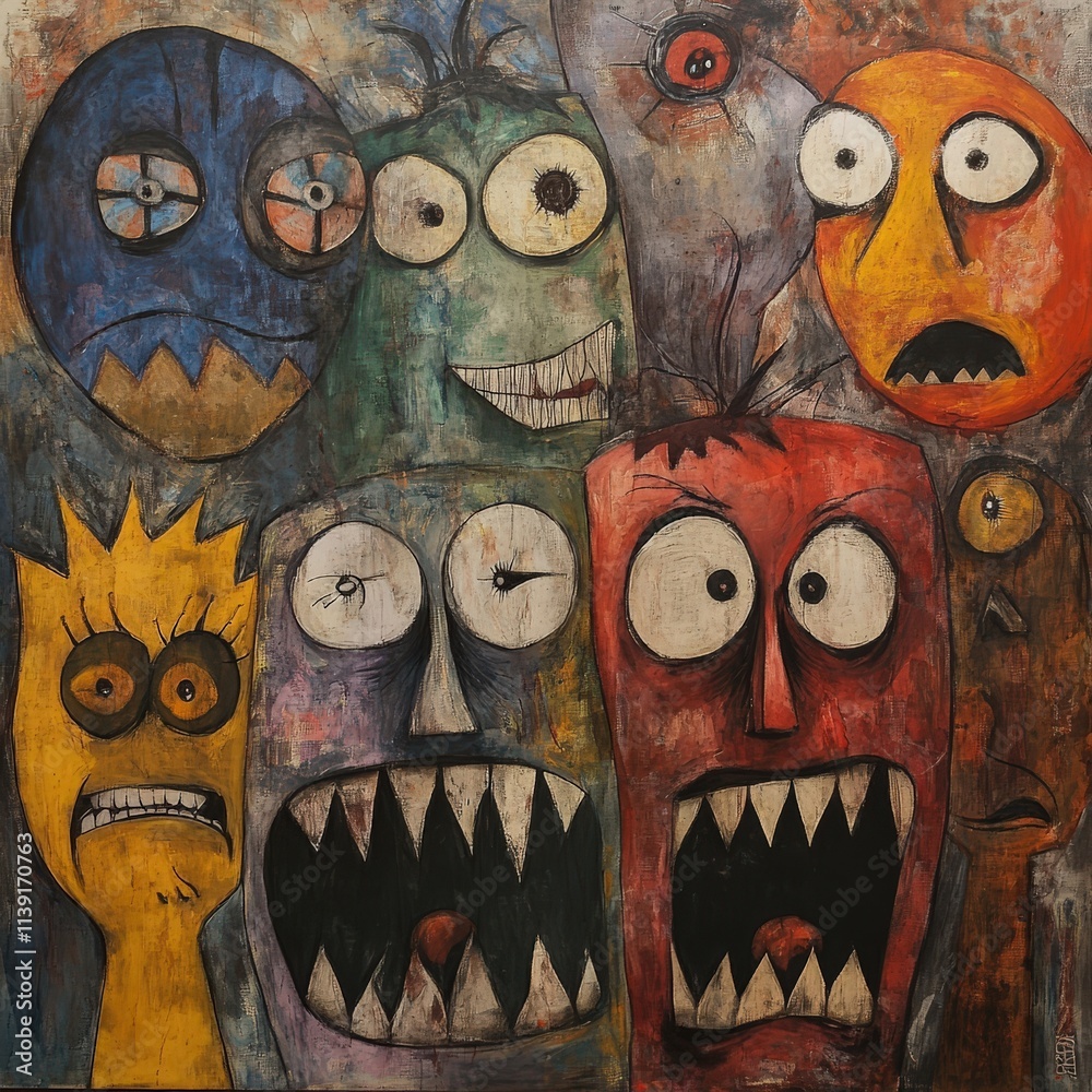 Vibrant and surreal artwork of abstract faces displaying exaggerated ...