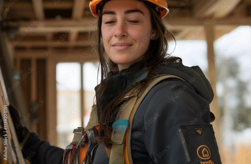 Construction worker wearing a hard hat and safety harness poses confidently on a bustling ...