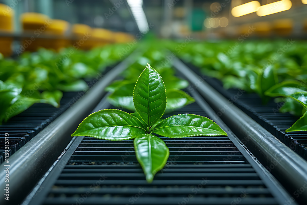 Tea leaves being processed in a modern tea factory, showing drying ...