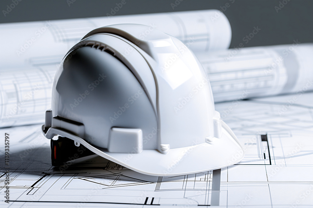 Safety helmet rests on detailed architectural blueprints, symbolizing ...