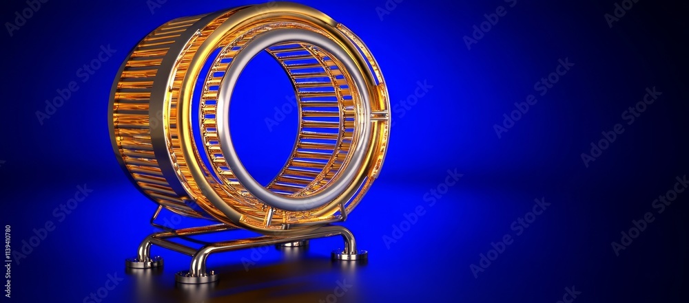 Gold, metal circular cage with support, on blue reflective surface ...