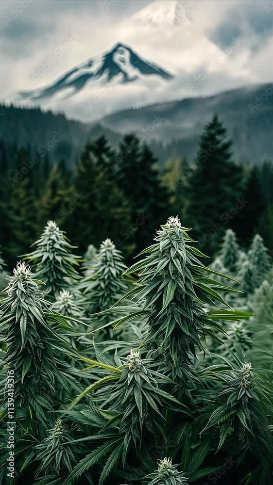 Marijuana plants with fresh buds growing with a forest and snowcapped ...