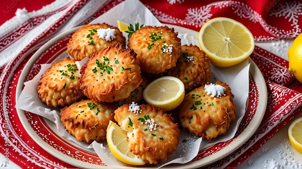 Crispy Fried Salt Cod Fritters with Lemon on Red Festive Cloth with ...