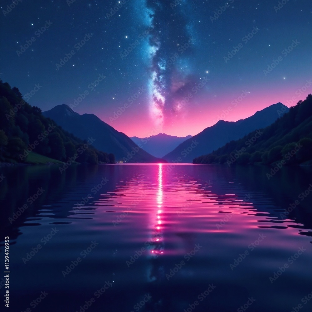 Photo & Art Print Glowing starlight trails across a mirror-like lake ...