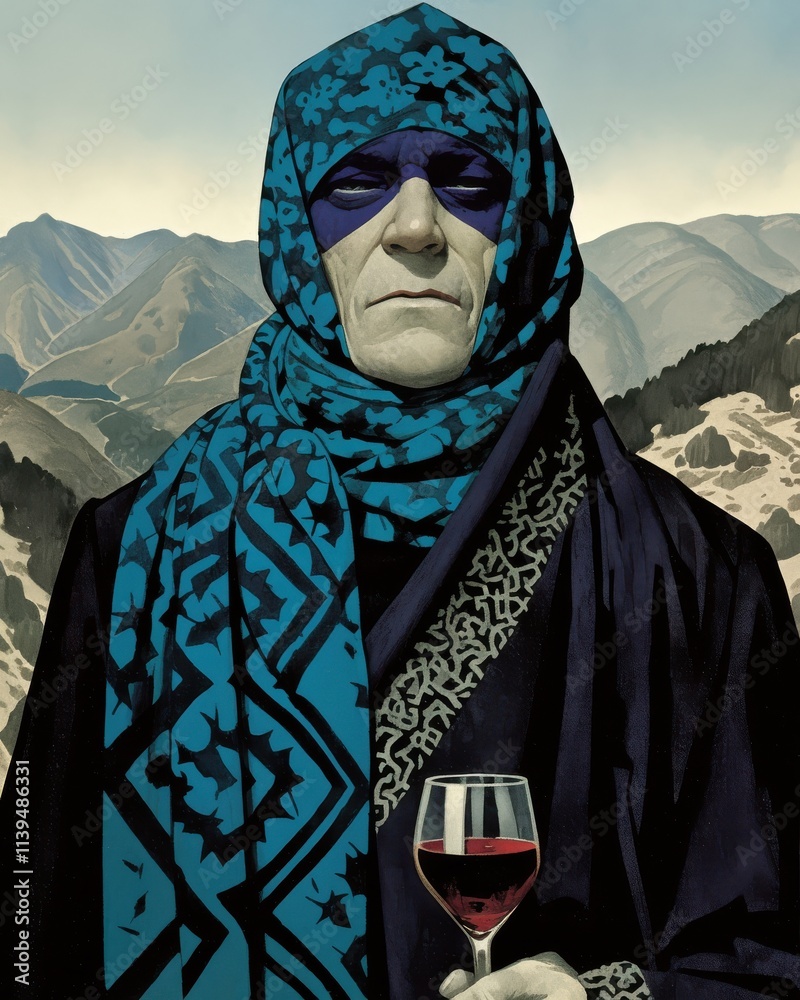 A mysterious elderly man of Middle Eastern descent wearing a blue scarf ...