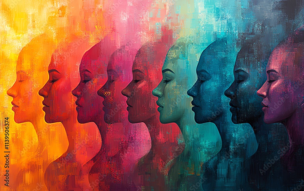 Abstract silhouettes in bright colors, diverse faces coming together to ...