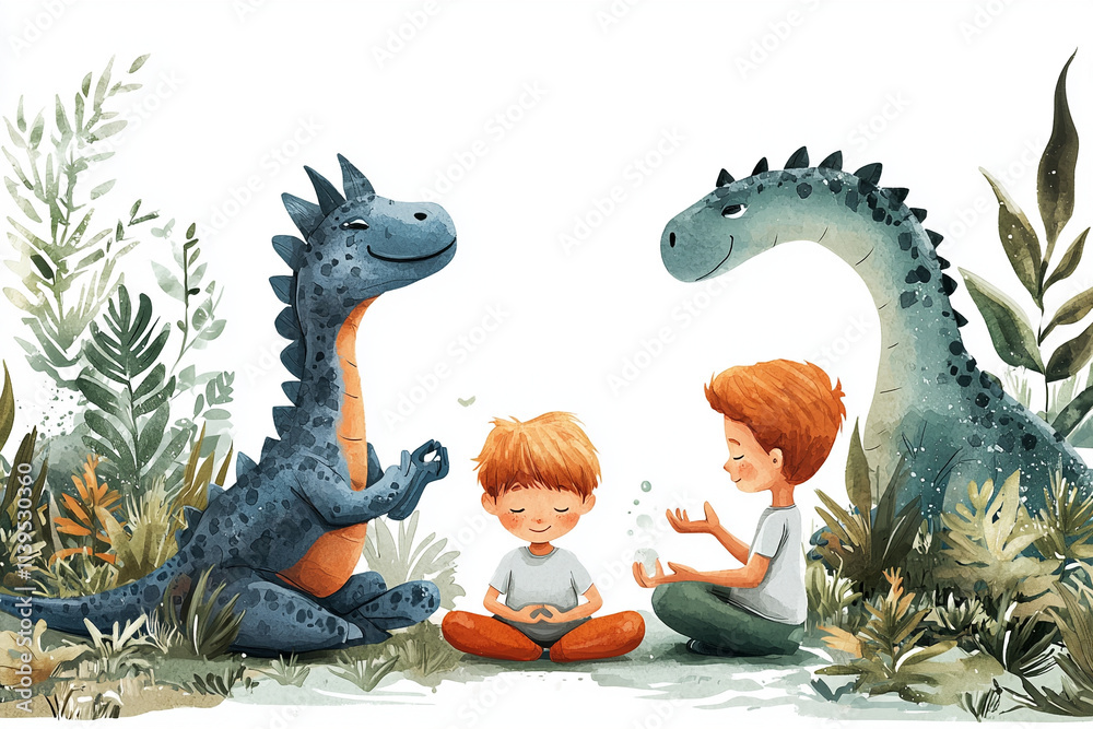 Children meditate with a friendly- fictional Dinosaur- perhaps a ...