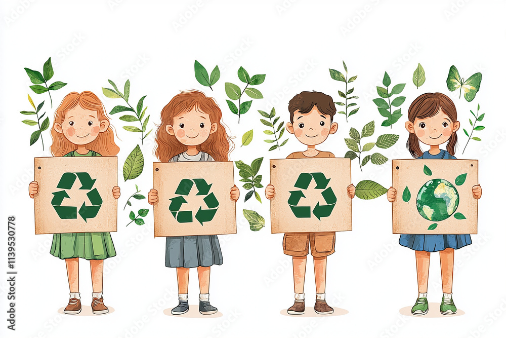 Happy children- playing with kids- hold signs featuring environmental ...