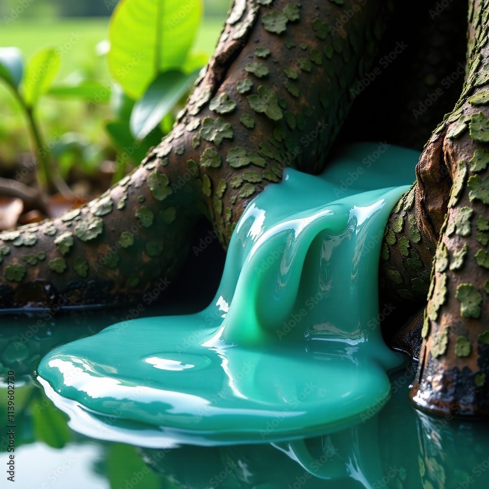 Latex latex sap flowing from a latex tree trunk, liquid, rubber ...