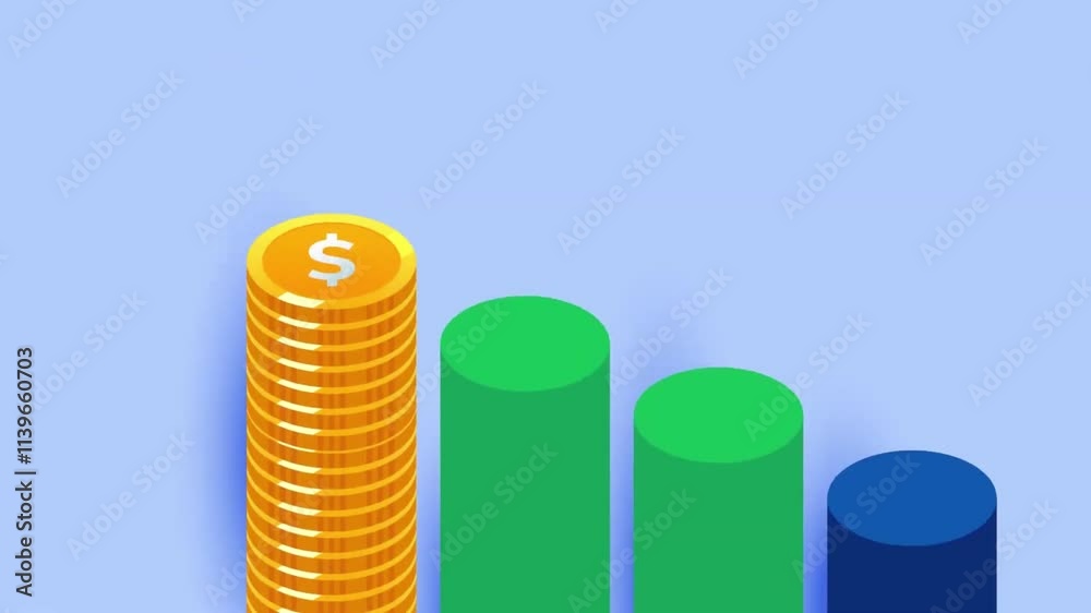 Declining coin bar chart with stack coin icon animation isolated, pile ...
