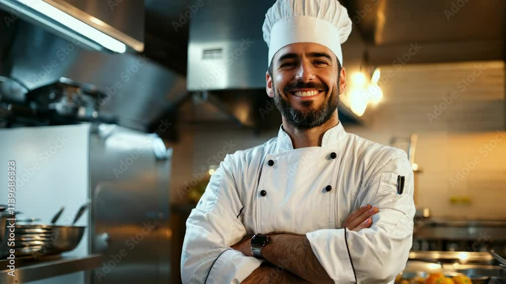 A confident head chef stands in a restaurant kitchen, smiling with arms ...