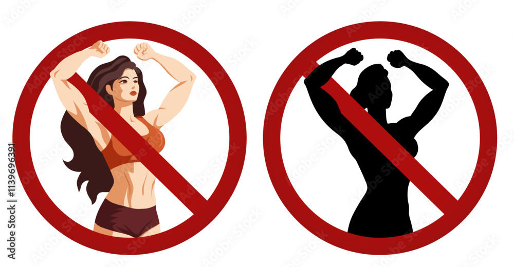 Vector set of forbidden signs with women bodybuilder in retro style and ...
