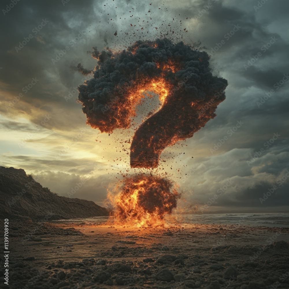 Mysterious burning question mark rising from the ground during twilight ...
