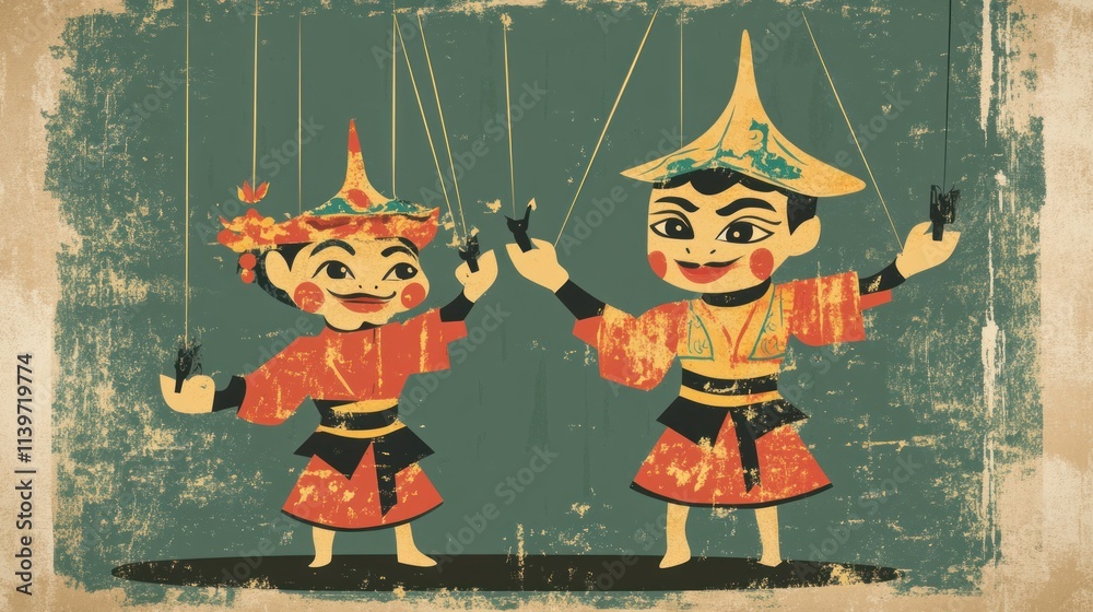 A vintage-style vector of a Nang Talung puppet master with his tools ...