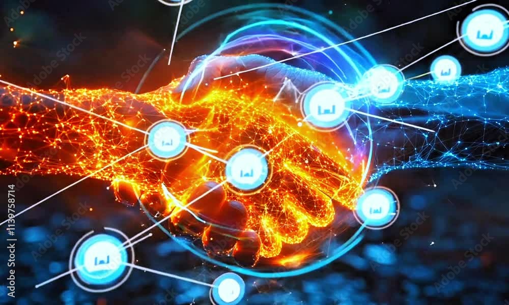 Fiery handshake with digital connections, glowing network nodes ...