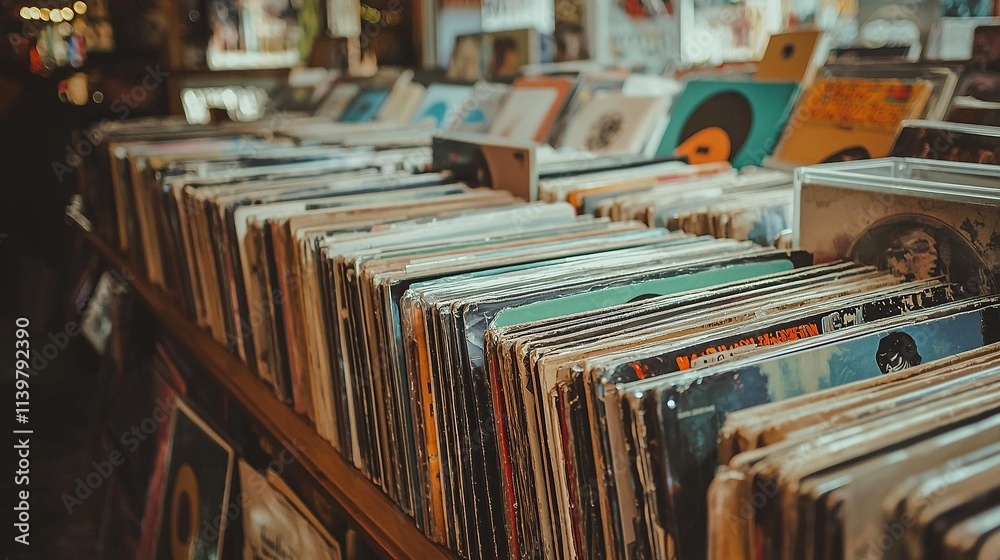 Classic record shop with vinyl albums on display and posters Stock ...