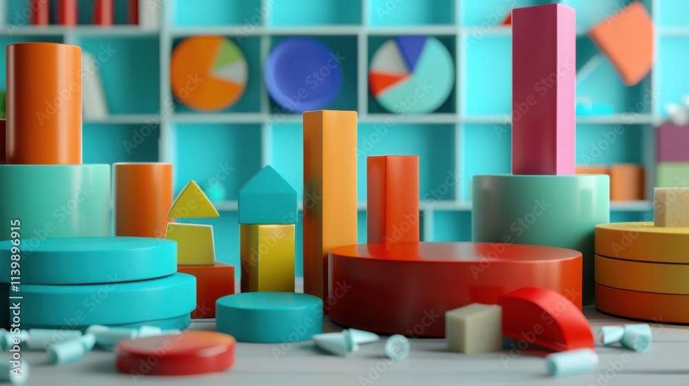 Colorful geometric shapes of varying sizes arranged on a surface ...